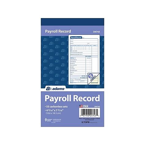 Adams 2 Part Employee Payroll Record Book Each Abf D4743 Staples