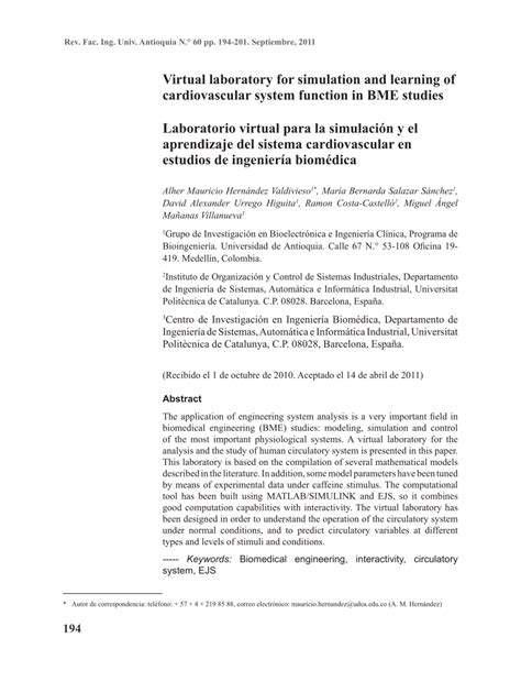 Pdf Virtual Laboratory For Simulation And Learning Of Cardiovascular System Function In Bme