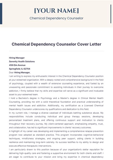 free chemical dependency counselor cover letter template to edit online