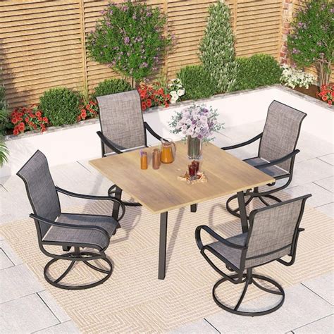 PHI VILLA Black Piece Metal Square Patio Outdoor Dining Set With Wood Look Table And Textilene