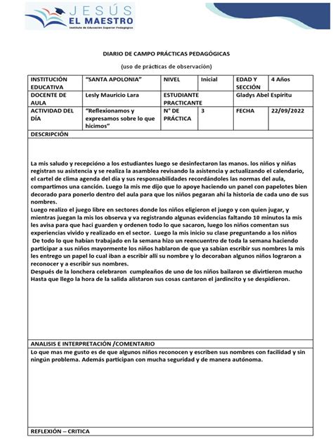 Diario De Campo PrÁcticas Observación Y Evidencia De Ayudantia Ciclo Ii