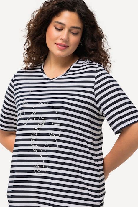 Striped Metallic Wildlife Short Sleeve Graphic Tee Inky Blue Ulla Popken