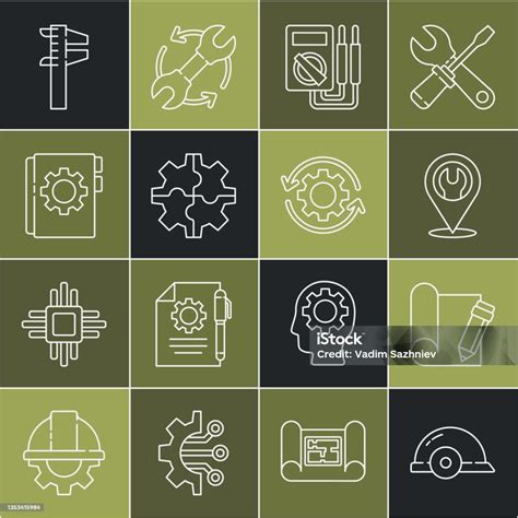 세트 라인 작업자 안전 헬멧 그래프 용지 및 연필 렌치 스패너 멀티 미터 기어 사용자 설명서 캘리퍼 캘리퍼 스케일 및 화살표가 워크플로 아이콘으로 위치 벡터 Cpu에 대한