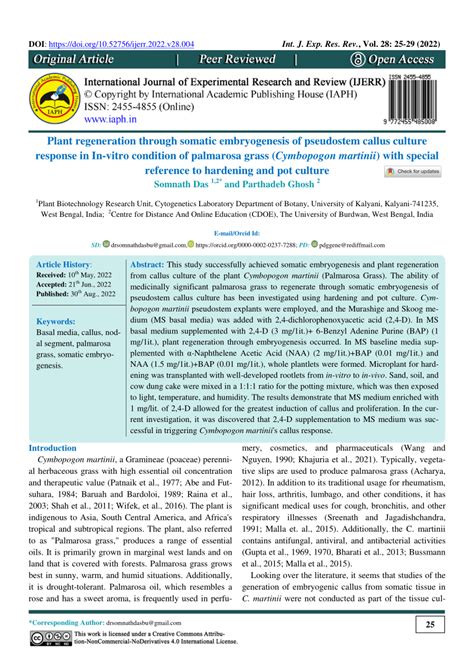 Pdf Plant Regeneration Through Somatic Embryogenesis Of Pseudostem
