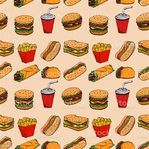 패스트 푸드와 함께 완벽 한 패턴입니다 햄버거 핫도그 버 리 토 샌드위치입니다 포스터 포장지 디자인 요소입니다 벡터 일러스트 레이 션 건강한 식생활에 대한 스톡 벡터 아트