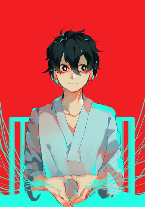 An Anime Character Sitting On A Bench With His Hands Folded In Front Of