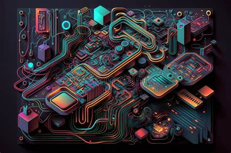 Dynamic And Futuristic Abstract Interpretation Of A Digital Circuit Board With Neon Colors And