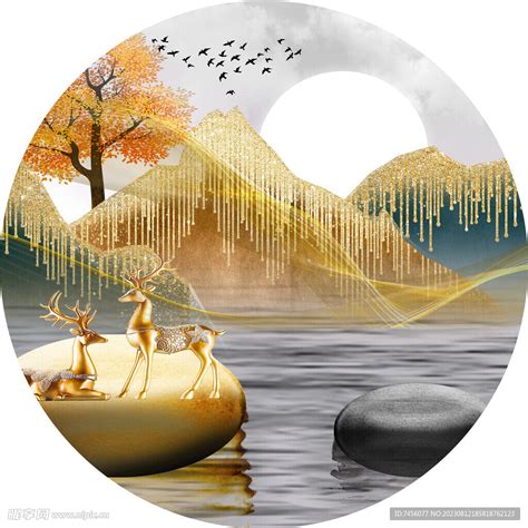湖畔麋鹿中式圆形挂画装饰画设计图 图片素材 其他 设计图库 昵图网
