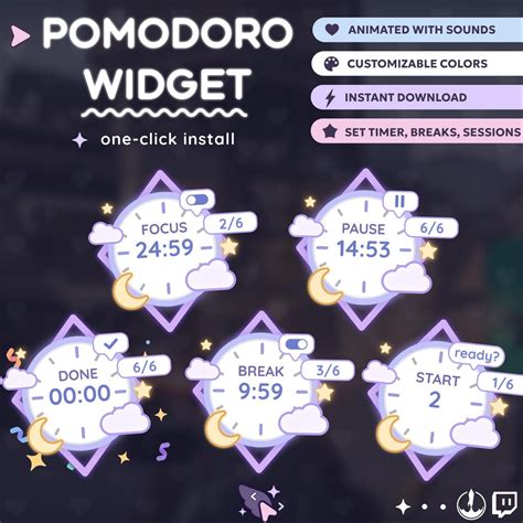 P2u Timer Pomodoro Stopwatch Widget L Clouds Moon Stars L Twitch L Customizable L Streamelements