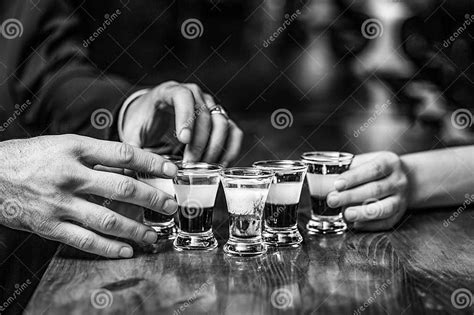 Group Friends Tequila Shot Glasses In Bar Male Hands Glasses Of Shot