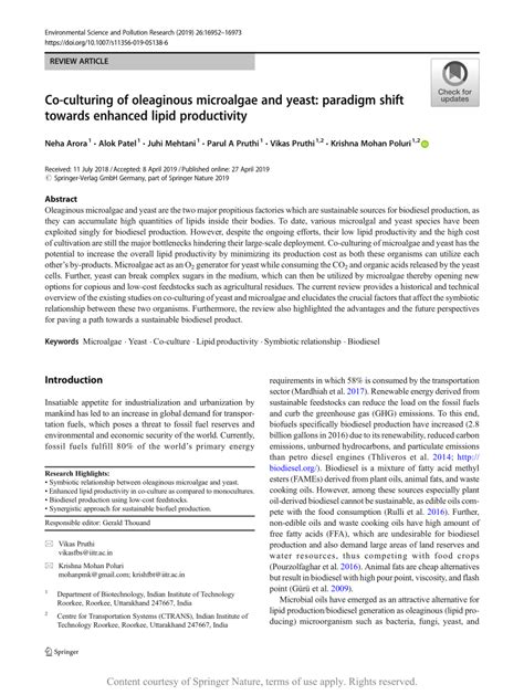 Co Culturing Of Oleaginous Microalgae And Yeast Paradigm Shift Towards