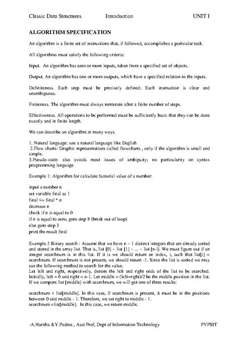 Linear Data Structure Notes Algorithm Specification An Algorithm Is A Finite Set Of