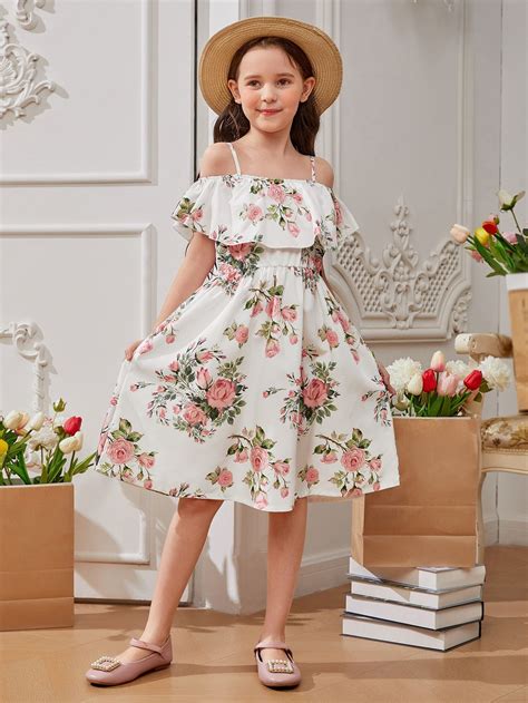 Girls Floral Print Cold Shoulder Ruffle Trim Dress Ruffle Trim Dress