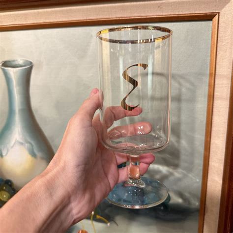 Vintage Set Of 8 Gold Rim Wine Glasses W Initial E