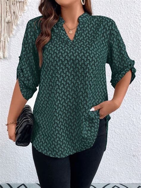 Shein Lune Plus Allover Print Roll Tab Sleeve Popover Blouse Shein Uk