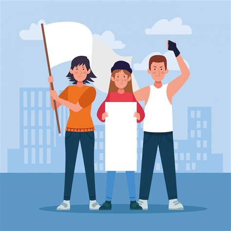Gente De Dibujos Animados De Pie Protestando Con Carteles En Blanco