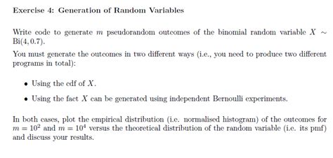 Exercise 4 Generation Of Random Variables Write Code Chegg