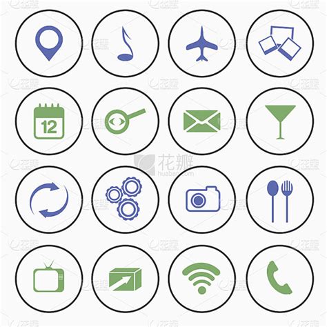 媒体、食品和沟通图标设置平面设计