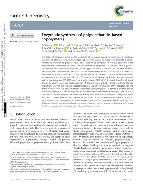 Pdf Enzymatic Synthesis Of Polysaccharide Based Copolymers