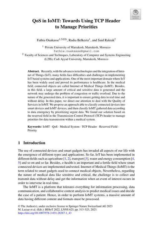 Pdf Qos In Iomt Towards Using Tcp Header To Manage Priorities