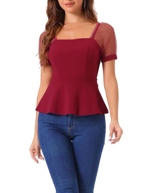 Allegra K Womens Square Neck Puff Sleeve Peplum Top Xs Dark Red