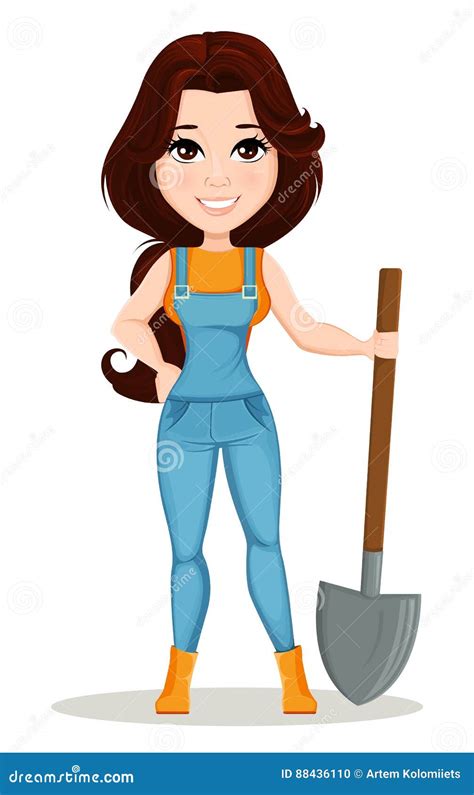 Farmer Girl Dressed In Work Jumpsuit Cute Cartoon Character Holding A