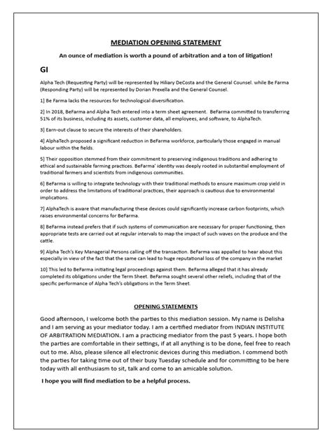 Mediation Opening Statement Pdf Mediation Non Disclosure Agreement