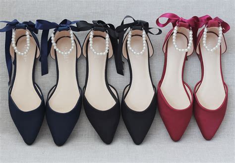 Black Satin Pointy Toe Flats With All Pearls Ankle Strap Fall Wedding
