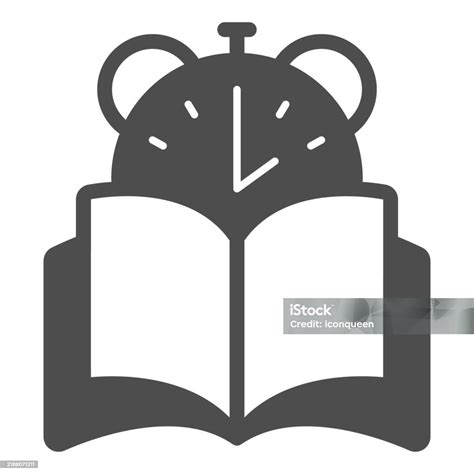 알람 시계 솔리드 아이콘과 책 책 리더 휴가 개념 벡터 그래픽 흰색 배경에 열린 교과서와 스톱워치 기호 모바일 또는 웹 디자인용 글리프 스타일 아이콘 공부에 대한 스톡 벡터