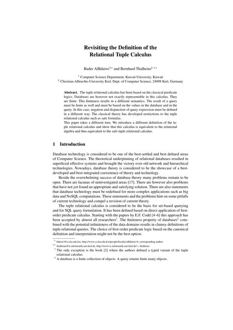 Pdf Revisiting The Definition Of The Relational Tuple Calculus