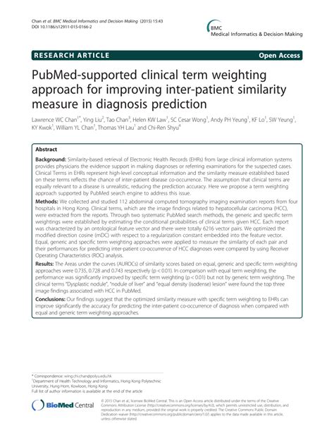 Pdf Pubmed Supported Clinical Term Weighting Approach For Improving Inter Patient Similarity
