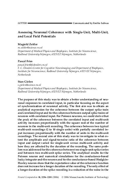 Pdf Assessing Neuronal Coherence With Single Unit Multi Unit And