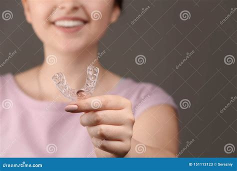 Woman With Occlusal Splint On Grey Background Closeup Stock Image Image Of Cheek Grey 151113123