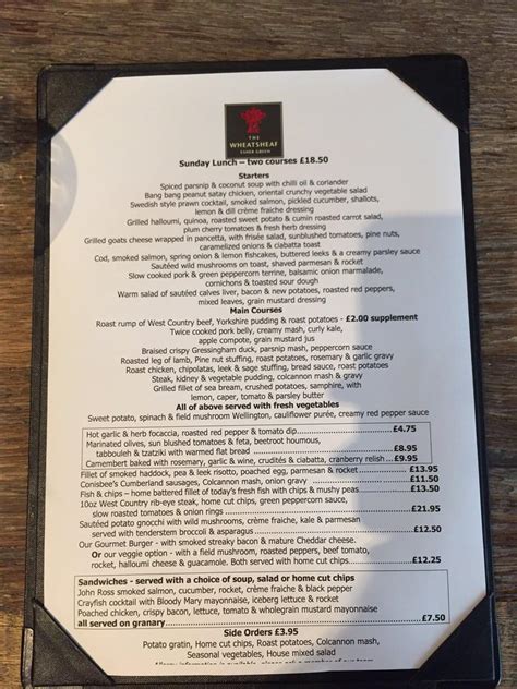 Menu At The Wheatsheaf Pub And Bar Esher