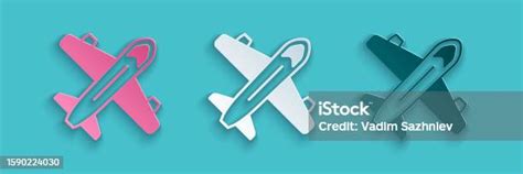 파란색 배경에 격리된 평면 아이콘을 용지 잘라냅니다 비행 비행기 아이콘 여객기 기호 종이 아트 스타일 벡터 3차원 형태에 대한 스톡 벡터 아트 및 기타 이미지 Istock