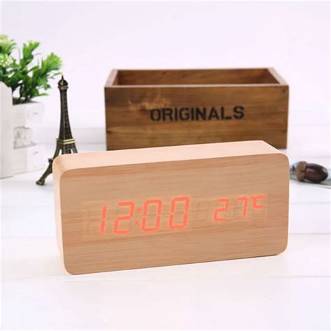 Led Wooden Clock Digital Alarm Clock Temperature Sounds Control Led