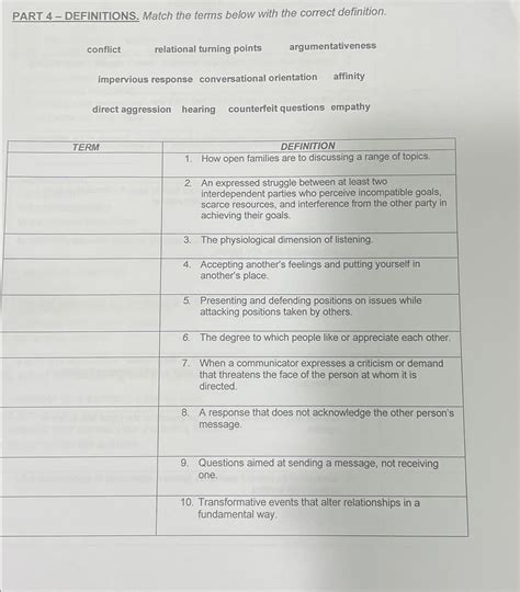 Solved Part 4 Definitions Match The Terms Below With The