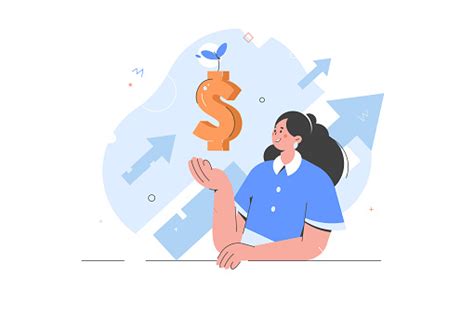 금융 증가 개념입니다 여성 캐릭터는 성공적으로 돈을 투자하고 재정적으로 성공하고 자본 성장에 대한 계정에서 이익을 증가시킵니다