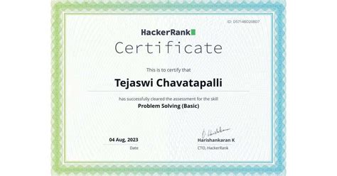 Tejaswi Chavatapalli On Linkedin Hackerrank Skill Certificate