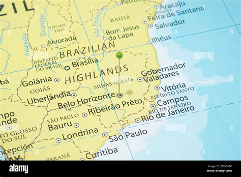 Close Up To A Belo Horizonte City With A Green Pin Needle Into Brazil