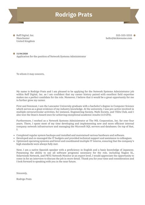Network Systems Administrator Cover Letter Sample Kickresume