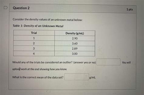 solved question 2 1 pts consider the density values of an