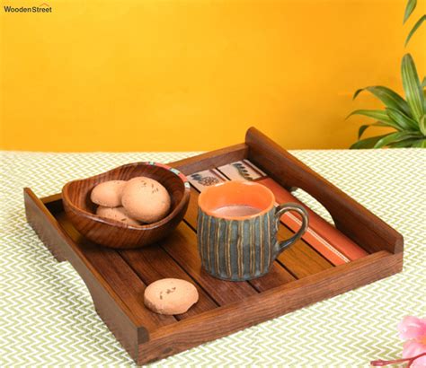 Buy Brown Handcrafted Wooden Serving Trays Designed With Folk Art Set
