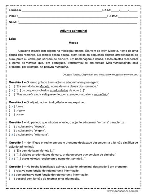 Atividade De Portugues Adjunto Adnominal 8º Ano Respostas Pdf Pdf
