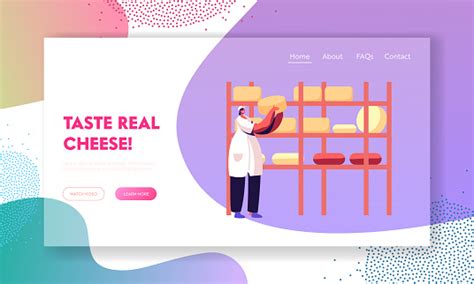 산업 공장 밀키 식품 제조 웹 사이트 방문 페이지 멸균 로브에서 여성 노동자 랙에 치즈 머리를 넣어 낙농 생산 산업 웹 페이지 배너 만화 플랫 벡터 일러스트 개념에 대한