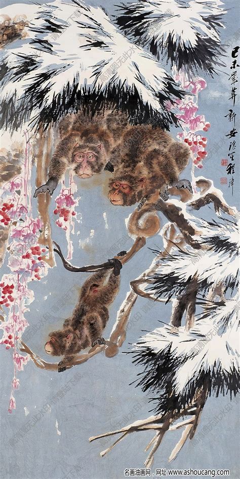 程璋国画 雪猿图 高清大图下载 名画油画网