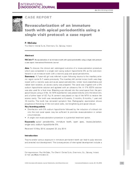 Pdf Revascularization Of An Immature Tooth With Apical Periodontitis