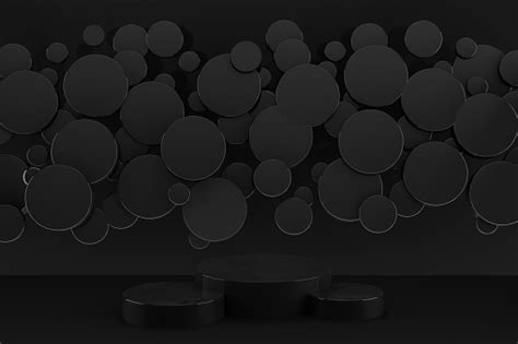 프리젠 테이션 화장품 상품 광고를위한 추상 무대에 3 개의 검은 광택 플라스틱 연단 모형 세트 장식으로 날아다니는 검은 원 템플릿 3d 일러스트 블랙 프라이데이 장면 3가지