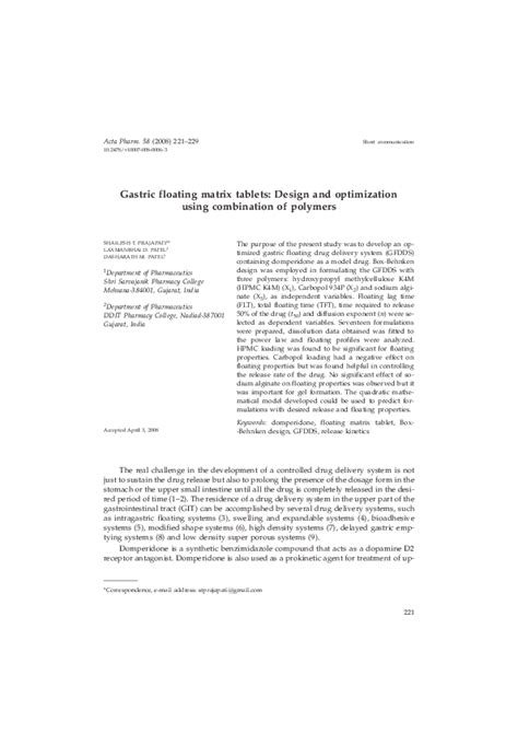 Pdf Gastric Floating Matrix Tablets Design And Optimization Using Combination Of Polymers