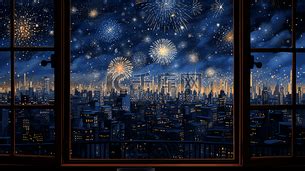 跨年夜窗外的烟花秀1插画图片 千库网